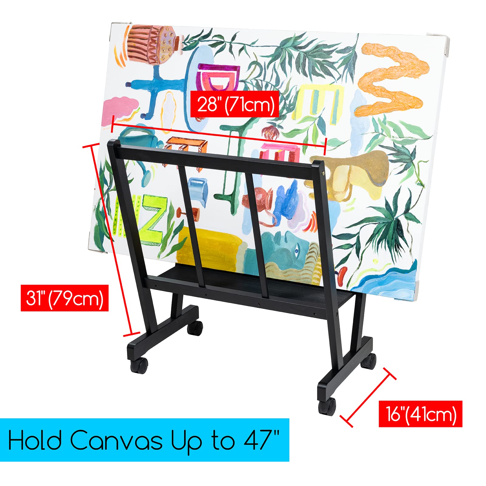 MEEDEN Art Display Print Rack: Artist Storage Rack with Castors for Canvas Organizer - Beech Wood Large Drying Racks for Prints Artworks Panels Posters Stand Art Shows & Galleries - Black