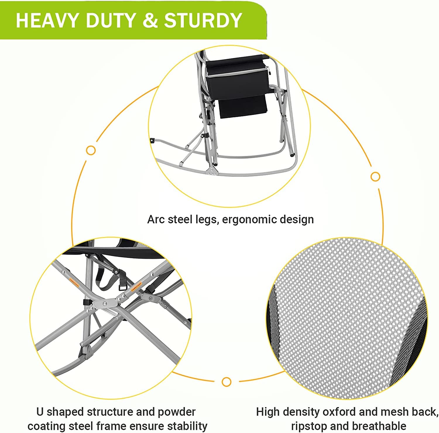 FUNDANGO Oversized Rocking Camping with Cooler Bag, Outdoor Folding Rocker Chair with Side Pocket for Travel, Picnic, Patio, Fishing Supports 300lbs Black&Grey