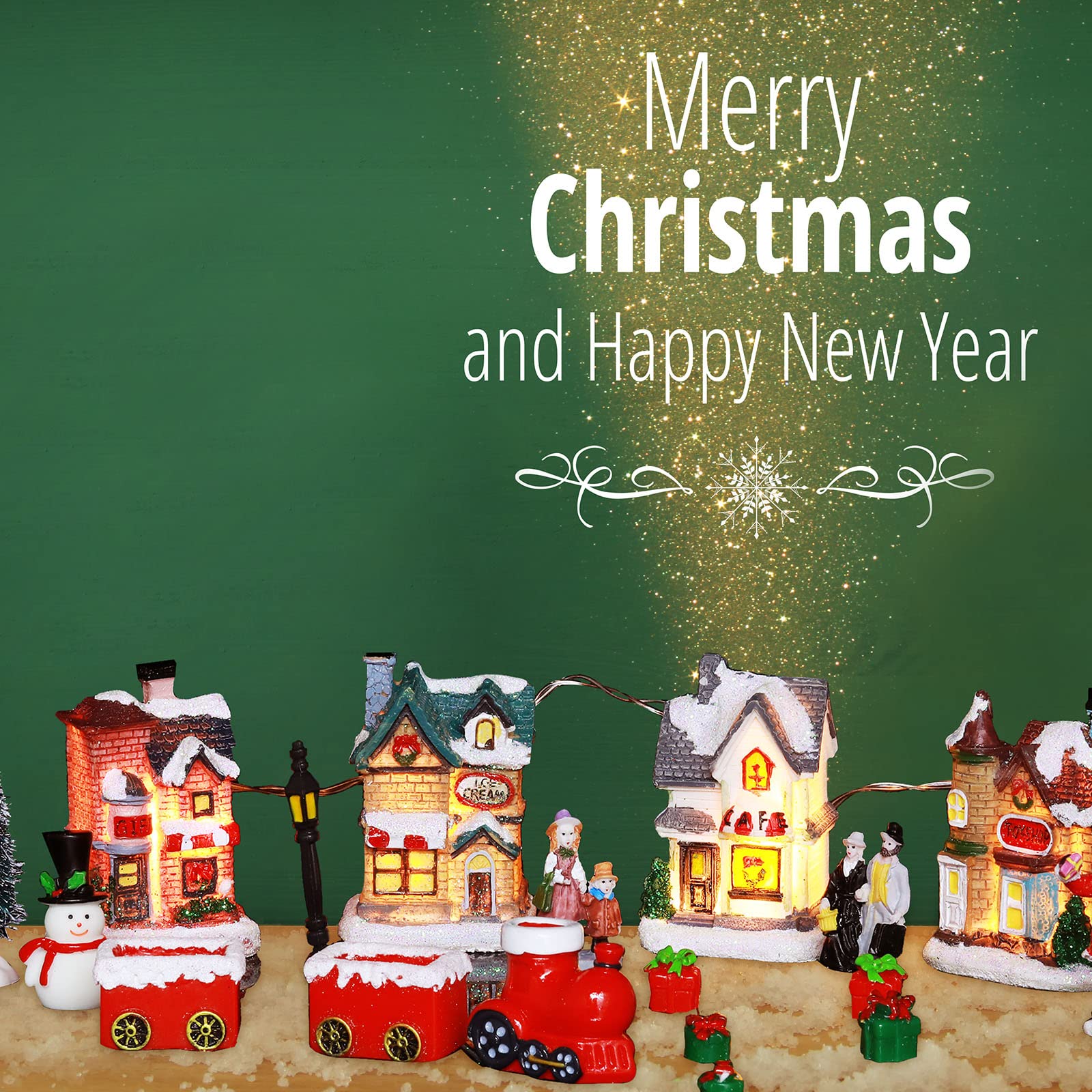 Yerliker Christmas Village Set LED Lights Houses with Figurines Battery Operated TZ0346