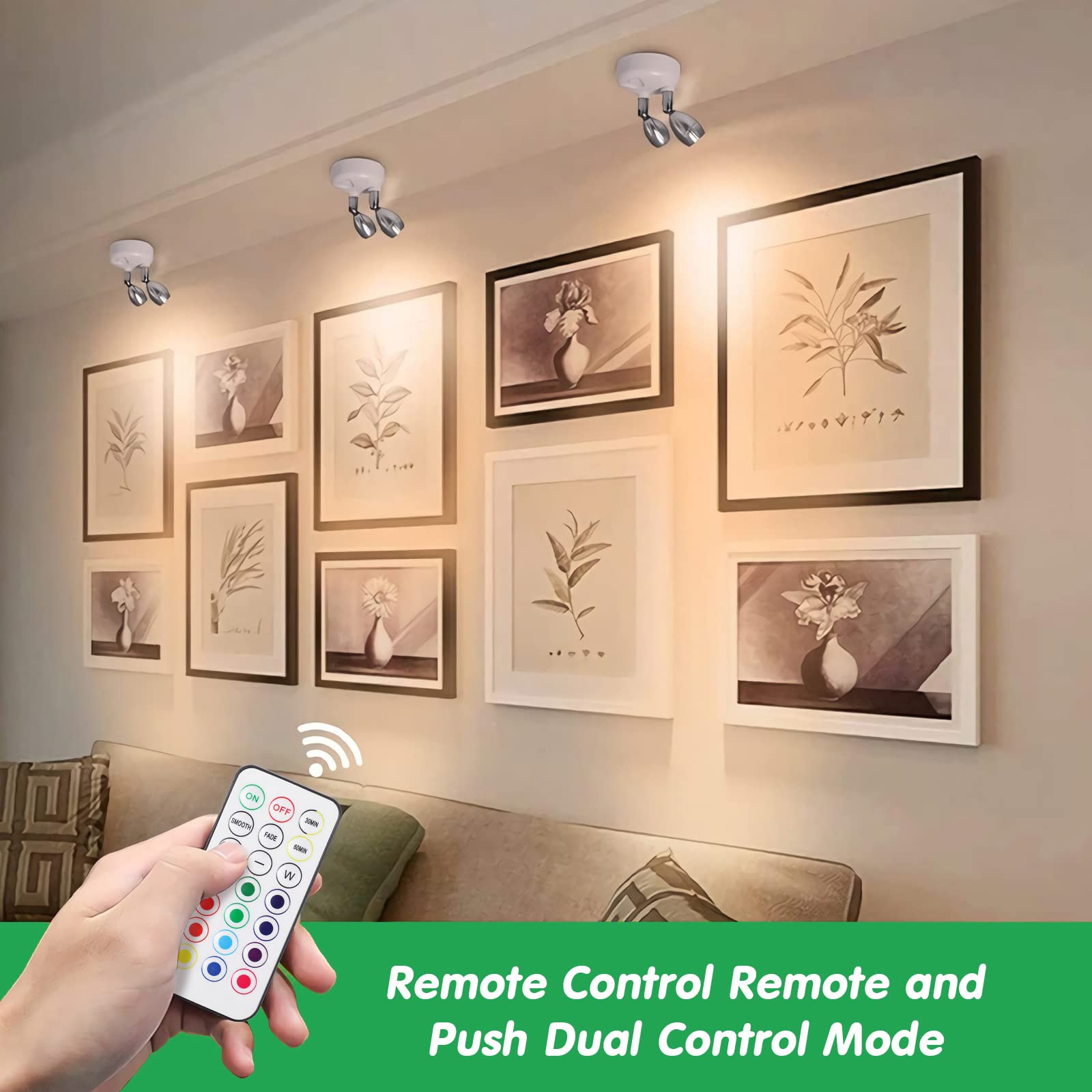 Honoson 4 Pack Dual Head Battery Operated Spotlights Indoor Wireless RGB LED Spot Light with Remote 13 Color Accent Lights with Rotatable Head Stick on Wall Hallway, for Painting Picture(White)