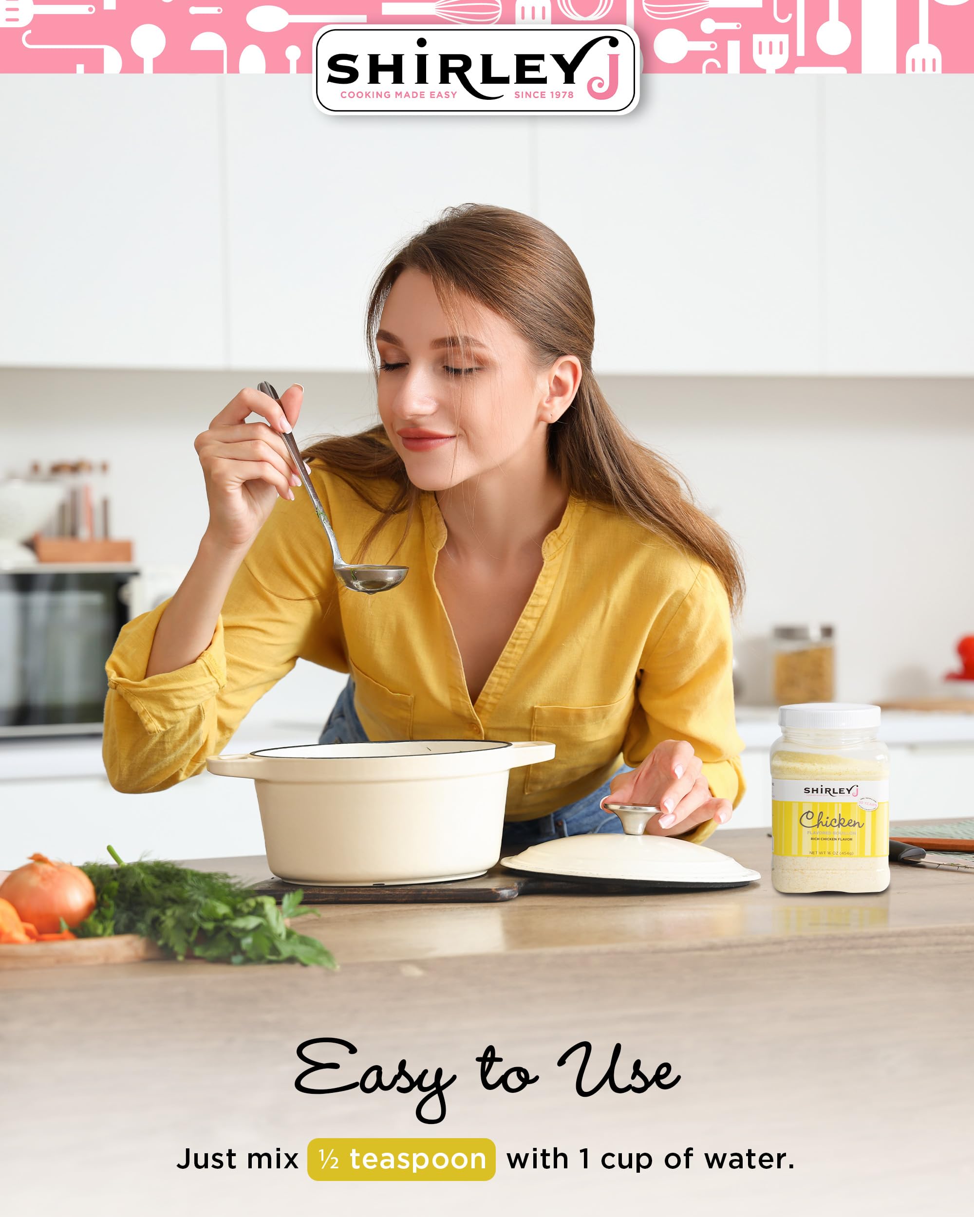 Shirley J Bouillon Powder - Rich, Concentrated, & Less Sodium Chicken Bouillon - Easy to Use Chicken Powder for Soup, Stew, Gravy, & More - 1 lb.