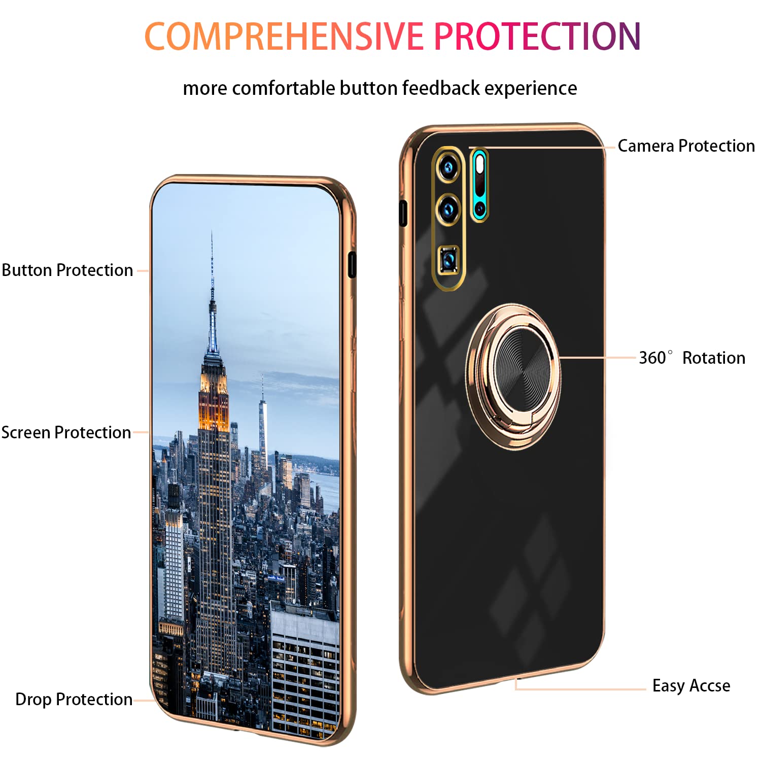 Wousunly Compatible with Huawei P30 Pro Case Ring Holder Magnet Green, Huawei P30 Pro Phone Case Silicone Shockproof Plate Luxury Slim Cover (Black)