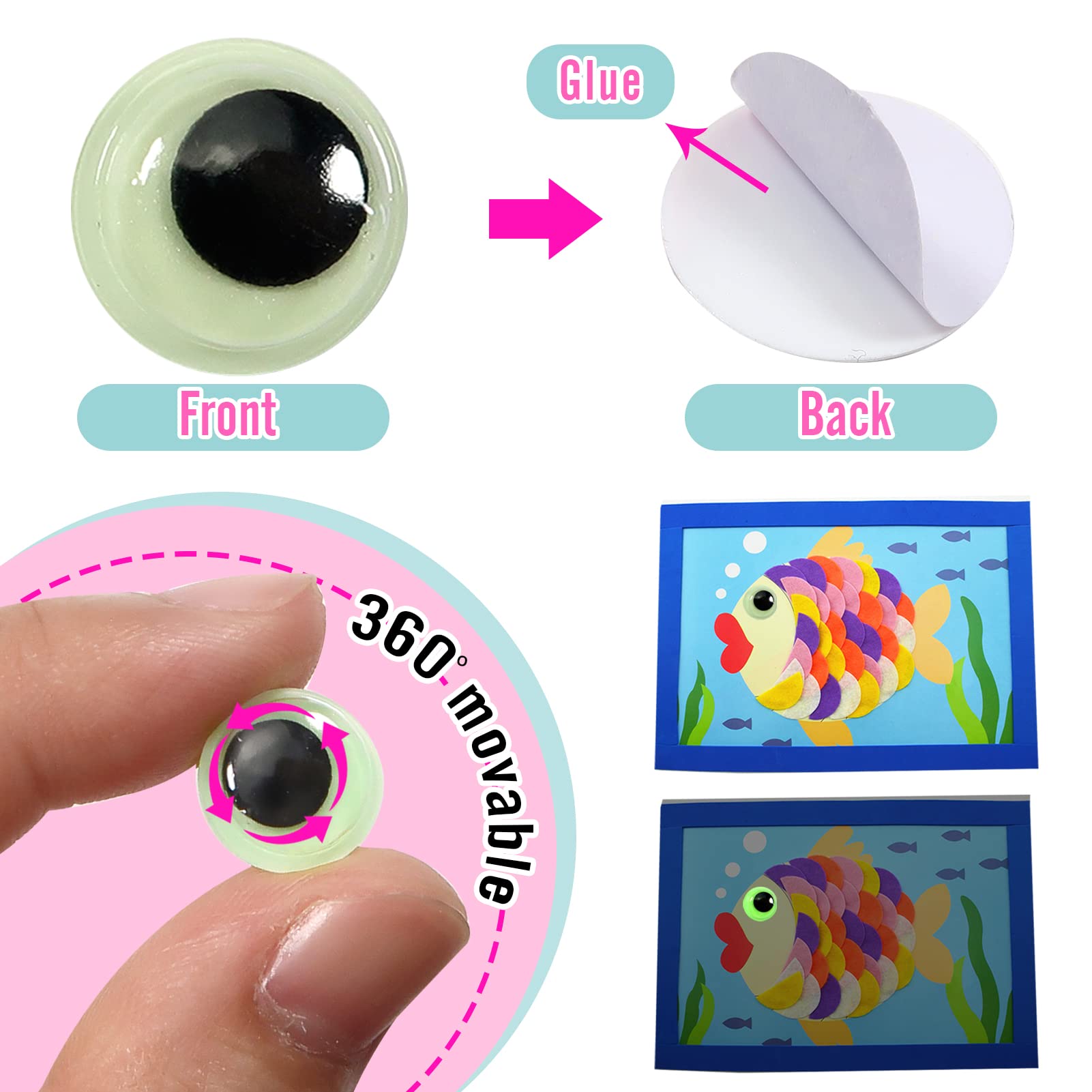 TOAOB 400pcs Glow in The Dark Wiggle Googly Eyes Self Adhesive Luminous Googly Eyes 15mm 18mm 20mm 24mm Plastic Sticker Eyes for DIY Crafts Scrapbooking Decoration