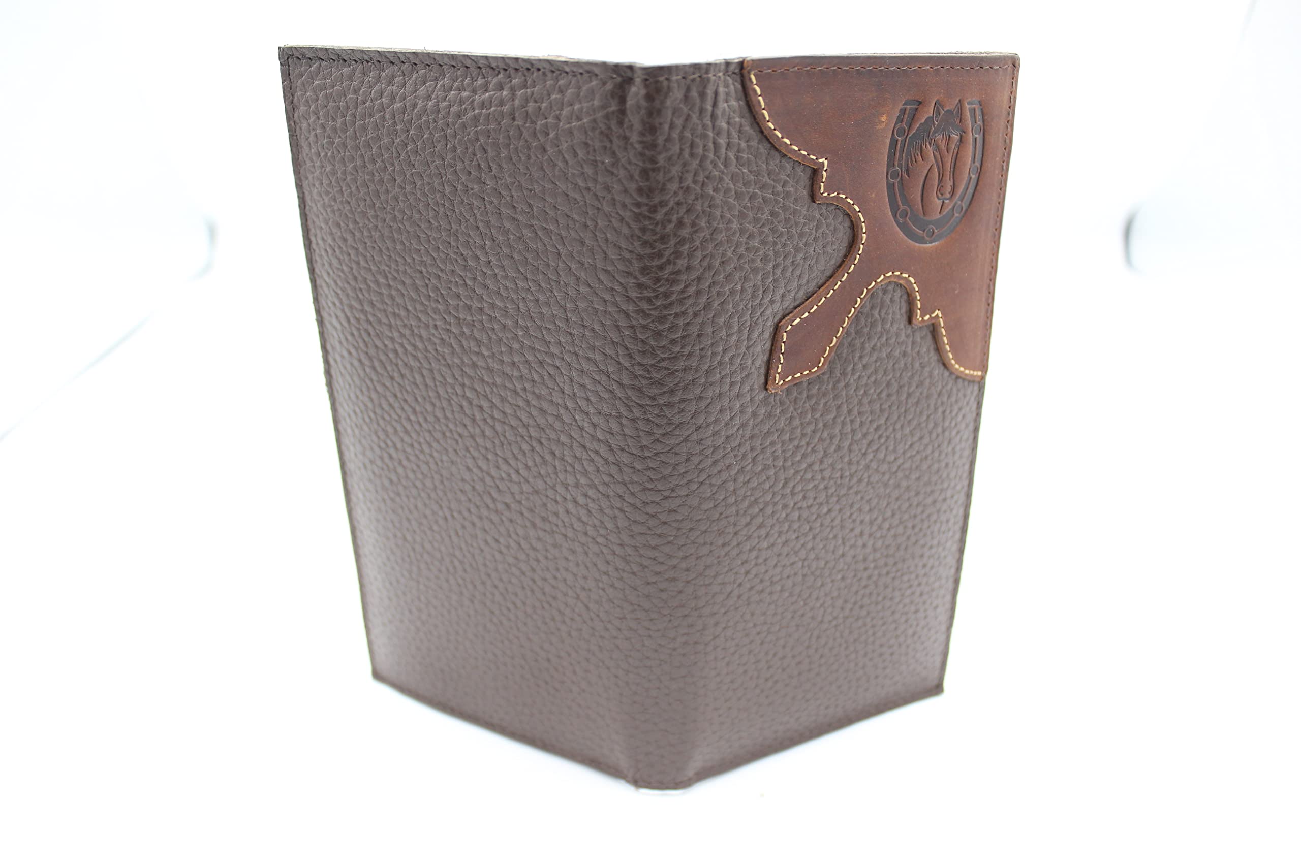 EastMeetsWest Western Dark Brown Hand Tooled Horse Head Horse Shoe Genuine Leather Bi-Fold Men's Rodeo Long Wallet