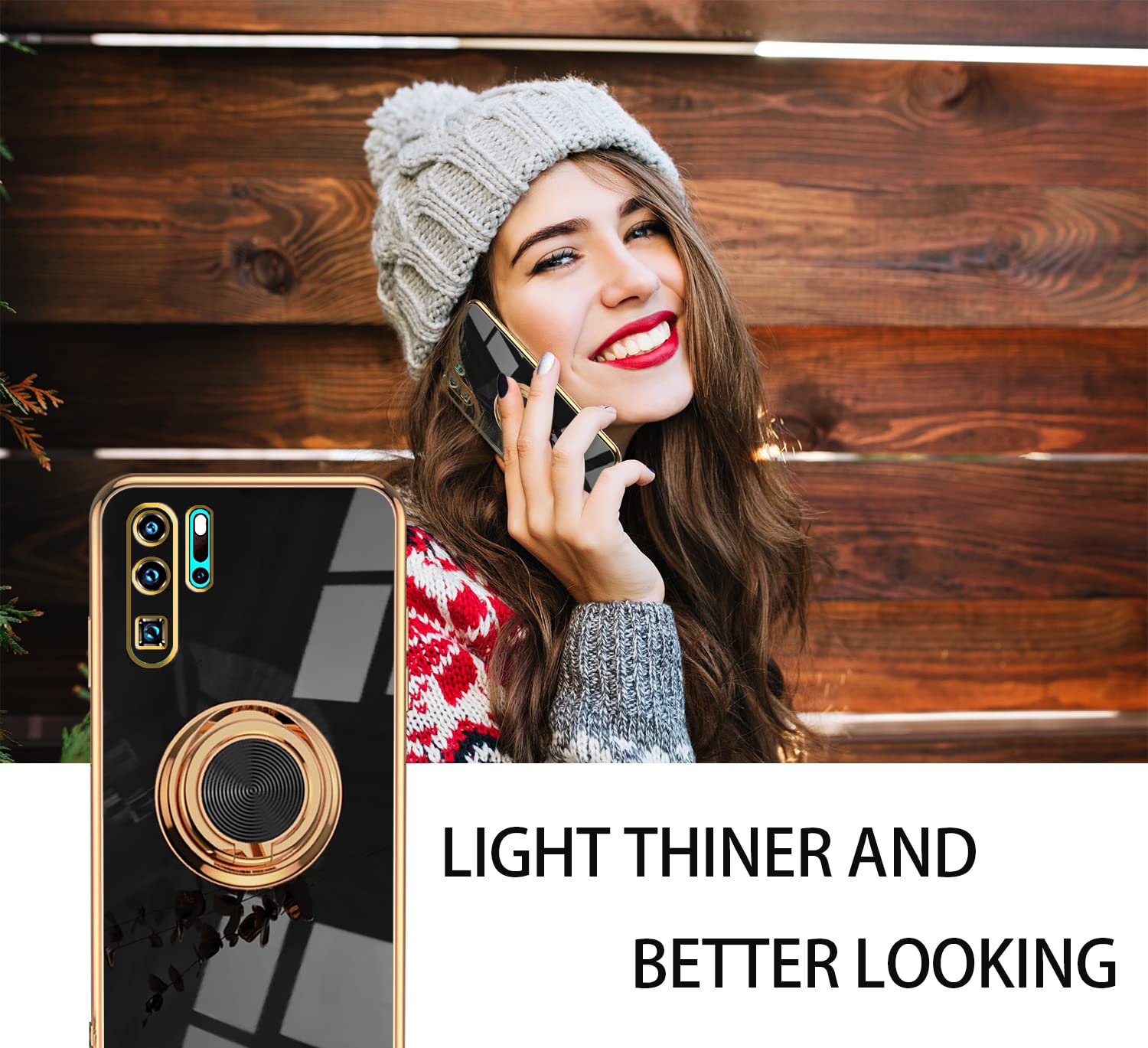 Wousunly Compatible with Huawei P30 Pro Case Ring Holder Magnet Green, Huawei P30 Pro Phone Case Silicone Shockproof Plate Luxury Slim Cover (Black)