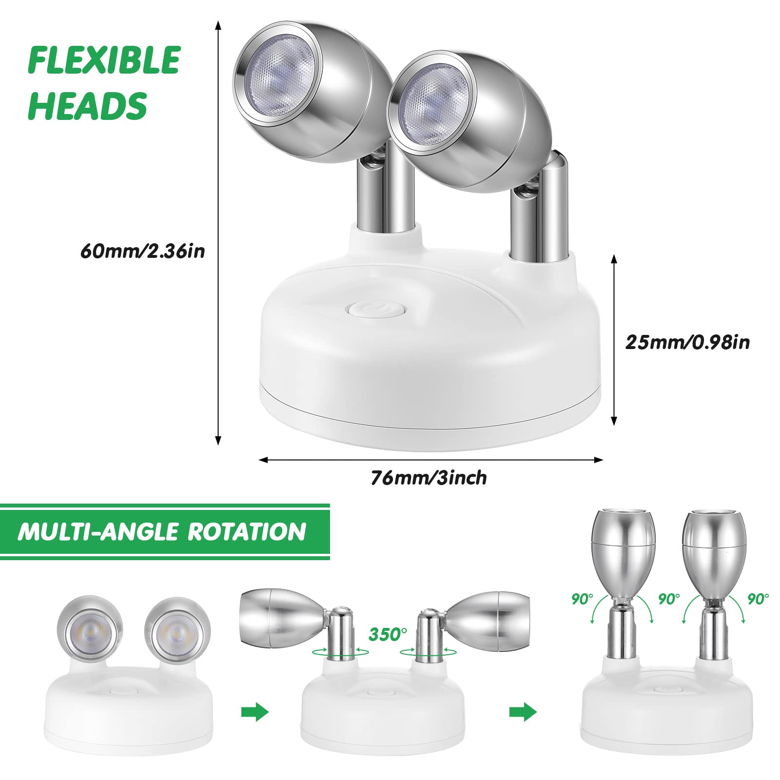 Honoson 4 Pack Dual Head Battery Operated Spotlights Indoor Wireless RGB LED Spot Light with Remote 13 Color Accent Lights with Rotatable Head Stick on Wall Hallway, for Painting Picture(White)