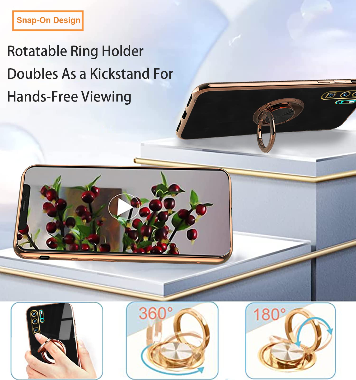 Wousunly Compatible with Huawei P30 Pro Case Ring Holder Magnet Green, Huawei P30 Pro Phone Case Silicone Shockproof Plate Luxury Slim Cover (Black)