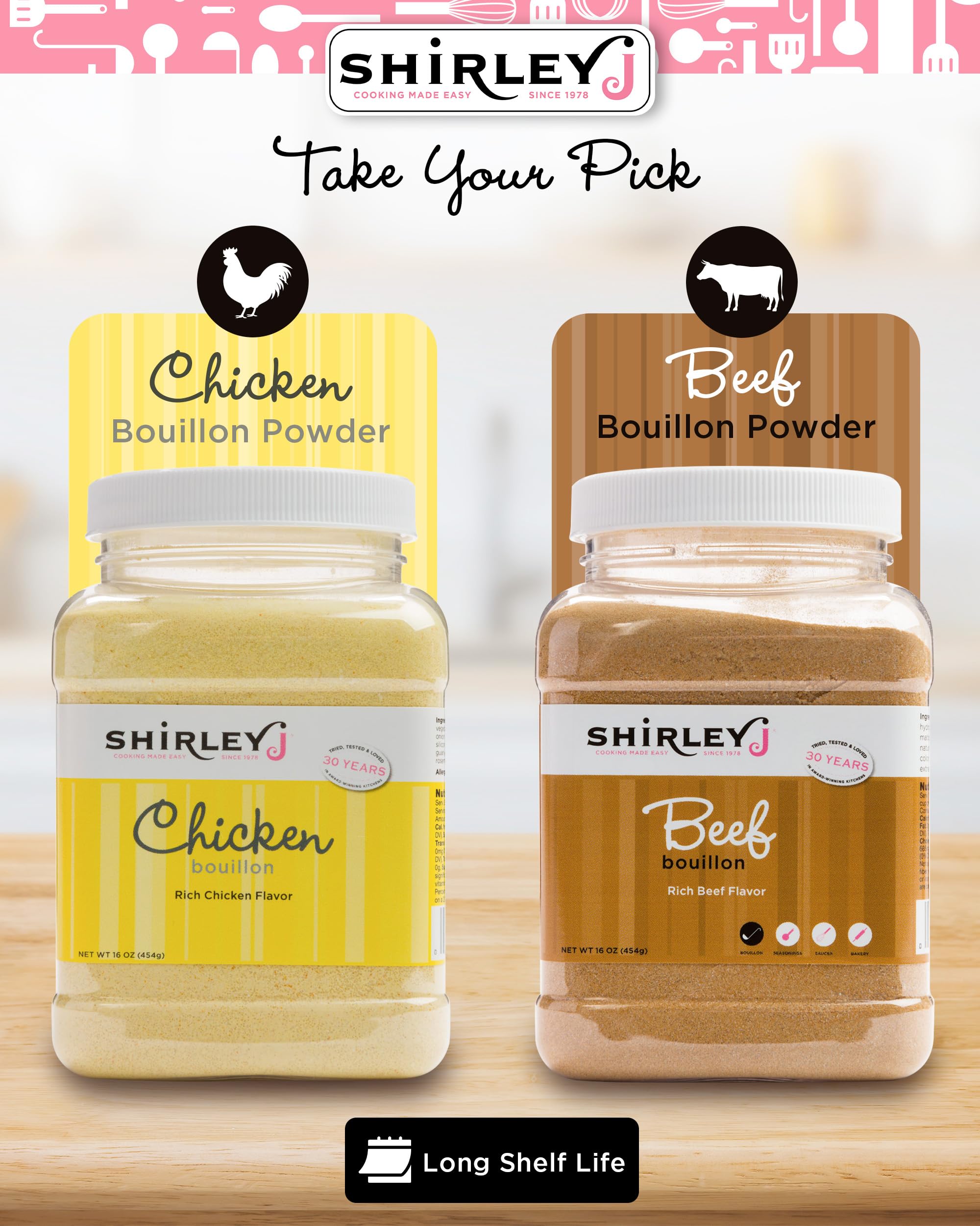 Shirley J Bouillon Powder - Rich, Concentrated, & Less Sodium Chicken Bouillon - Easy to Use Chicken Powder for Soup, Stew, Gravy, & More - 1 lb.