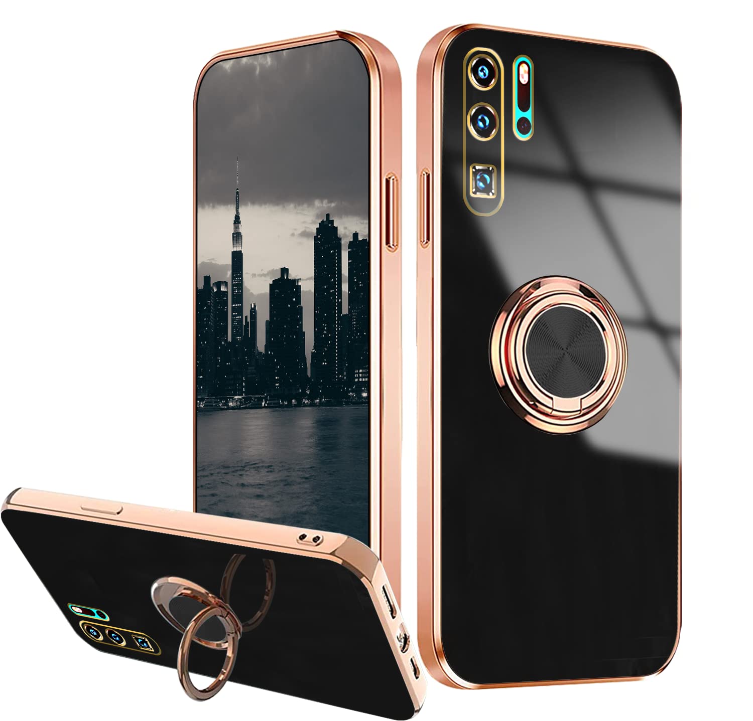 Wousunly Compatible with Huawei P30 Pro Case Ring Holder Magnet Green, Huawei P30 Pro Phone Case Silicone Shockproof Plate Luxury Slim Cover (Black)