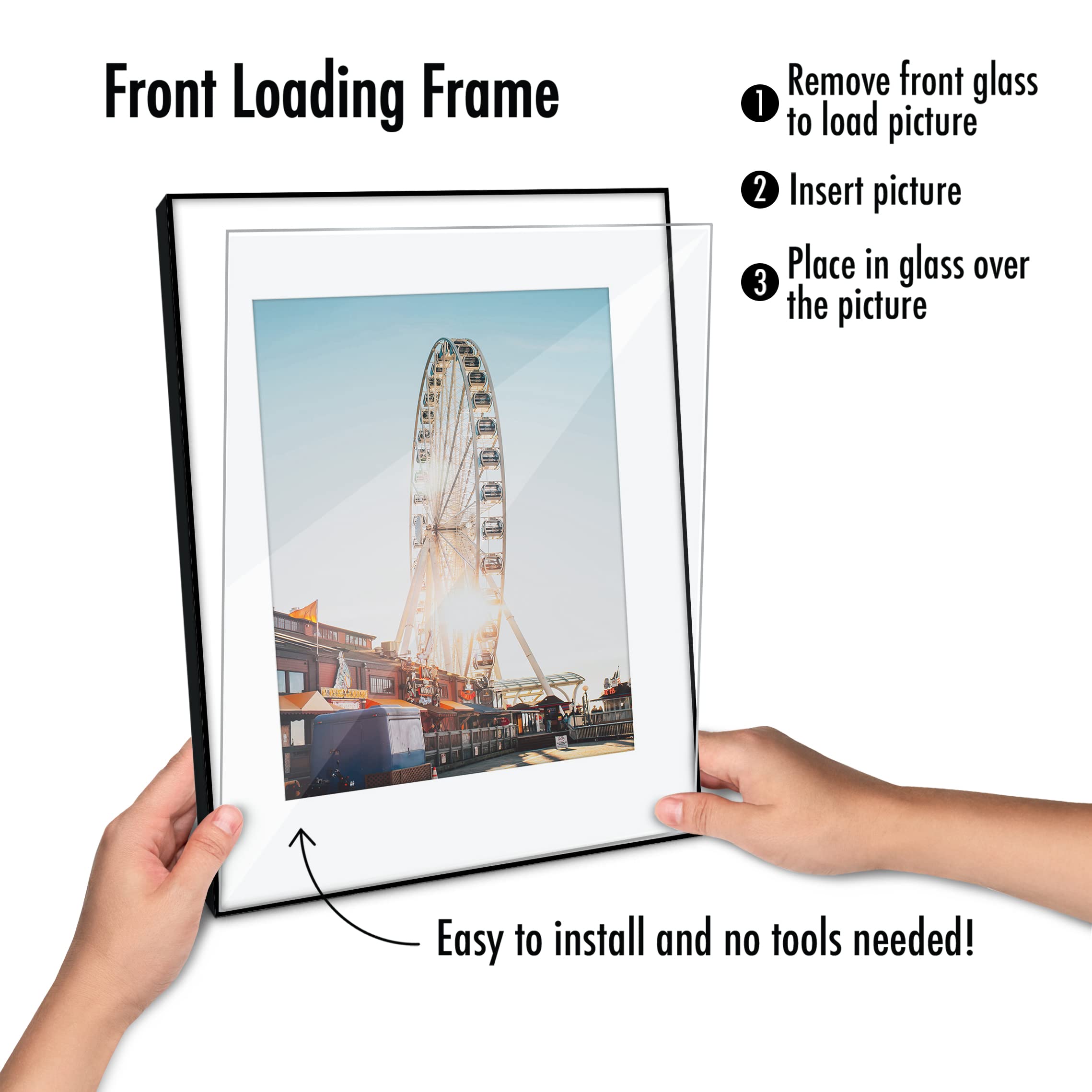 Americanflat Front Loading 11x14 Picture Frame with Shatter-Resistant Glass - Set of 3 - Use as 8x10 Frame with Mat - Metropolitan Collection - Photo Frame for Wall Display - Black