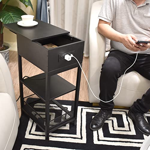 SZLHANJZ Slim End Table, Narrow Nightstand with Charging Station, Slide Open Sofa Bed Side Table with Drawers Storage Shelf, 3-Tier Wood & Metal Modern Nightstand for Home Office Dorm, Black