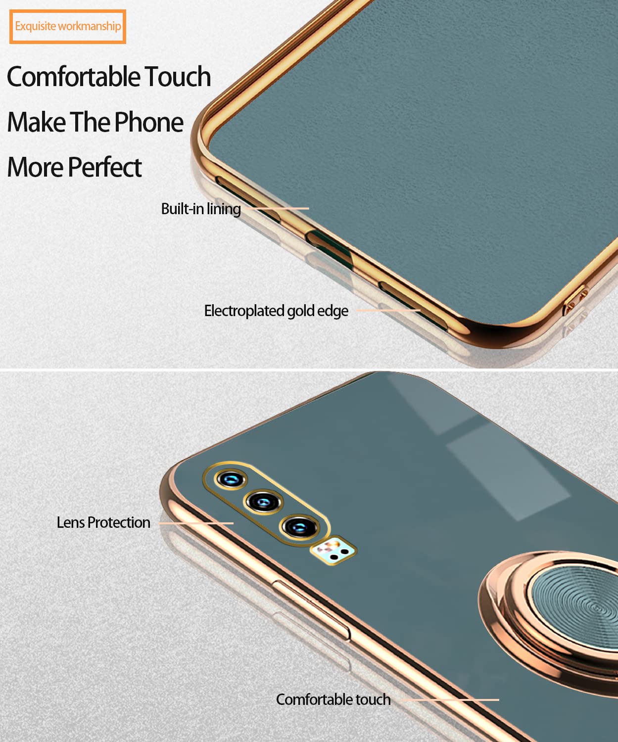 Wousunly Compatible with Huawei P30 Case Ring Holder Magnet Green, Huawei P30 Phone Case Silicone Shockproof Plate Luxury Slim Cover (Grey)