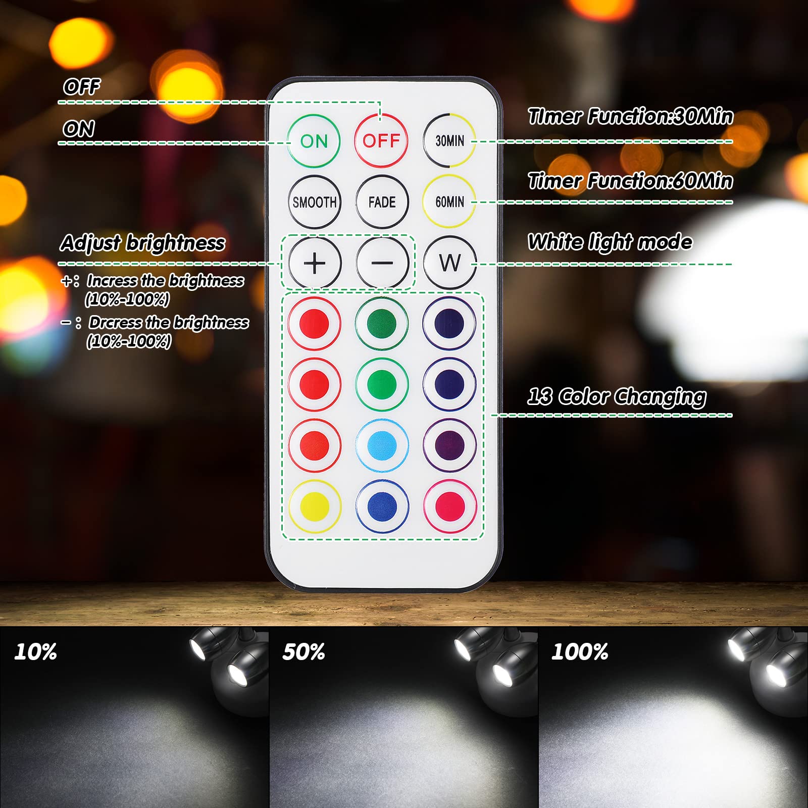 Honoson 4 Pack Dual Head Battery Operated Spotlights Indoor Wireless RGB LED Spot Light with Remote 13 Color Accent Lights with Rotatable Head Stick on Wall Hallway, for Painting Picture(White)