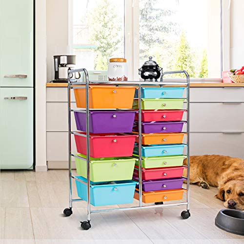 Giantex 15-Drawer Organizer Cart Office School Storage Cart Rolling Drawer Cart for Tools, Scrapbook, Paper (Multicolor)