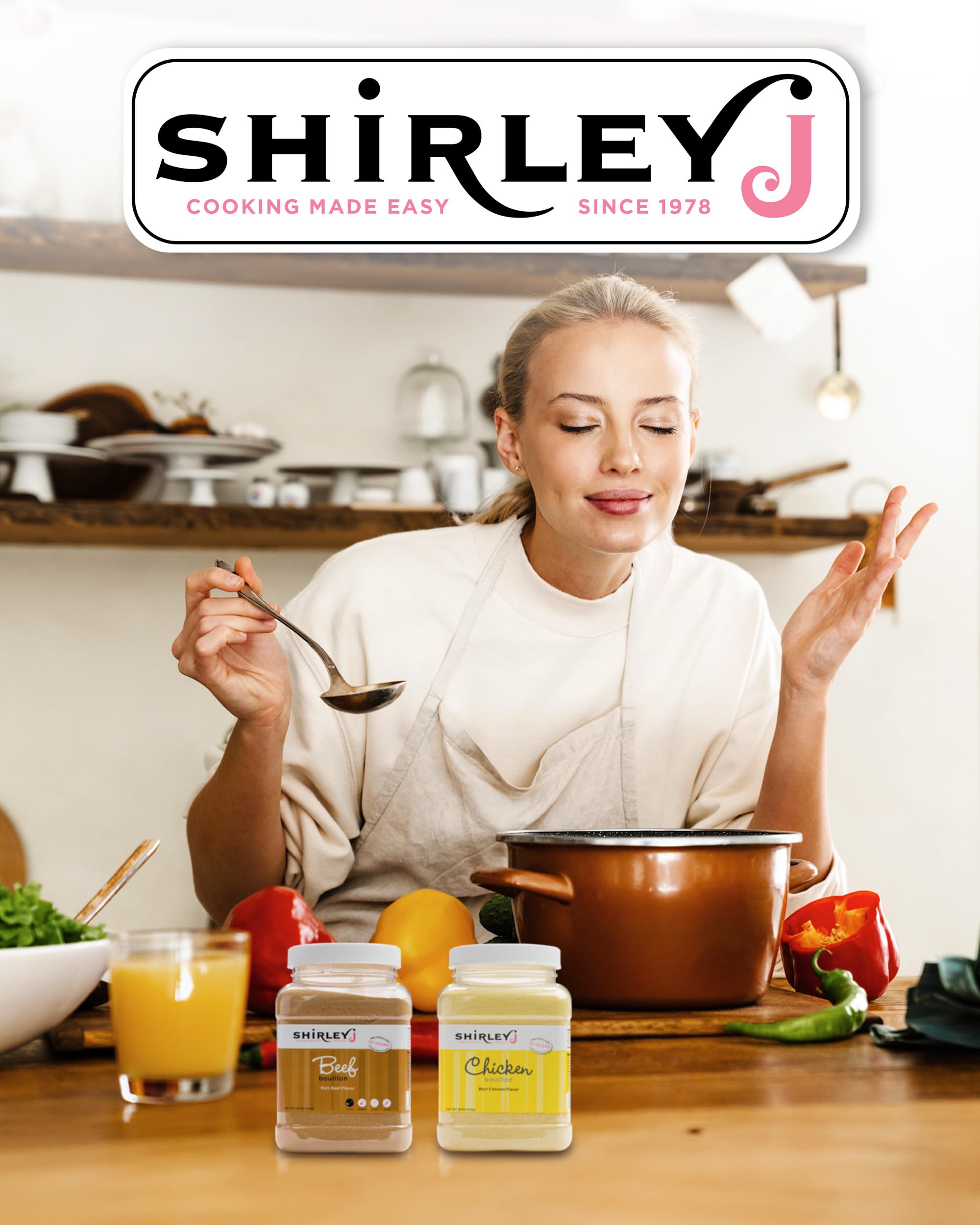 Shirley J Bouillon Powder - Rich, Concentrated, & Less Sodium Chicken Bouillon - Easy to Use Chicken Powder for Soup, Stew, Gravy, & More - 1 lb.
