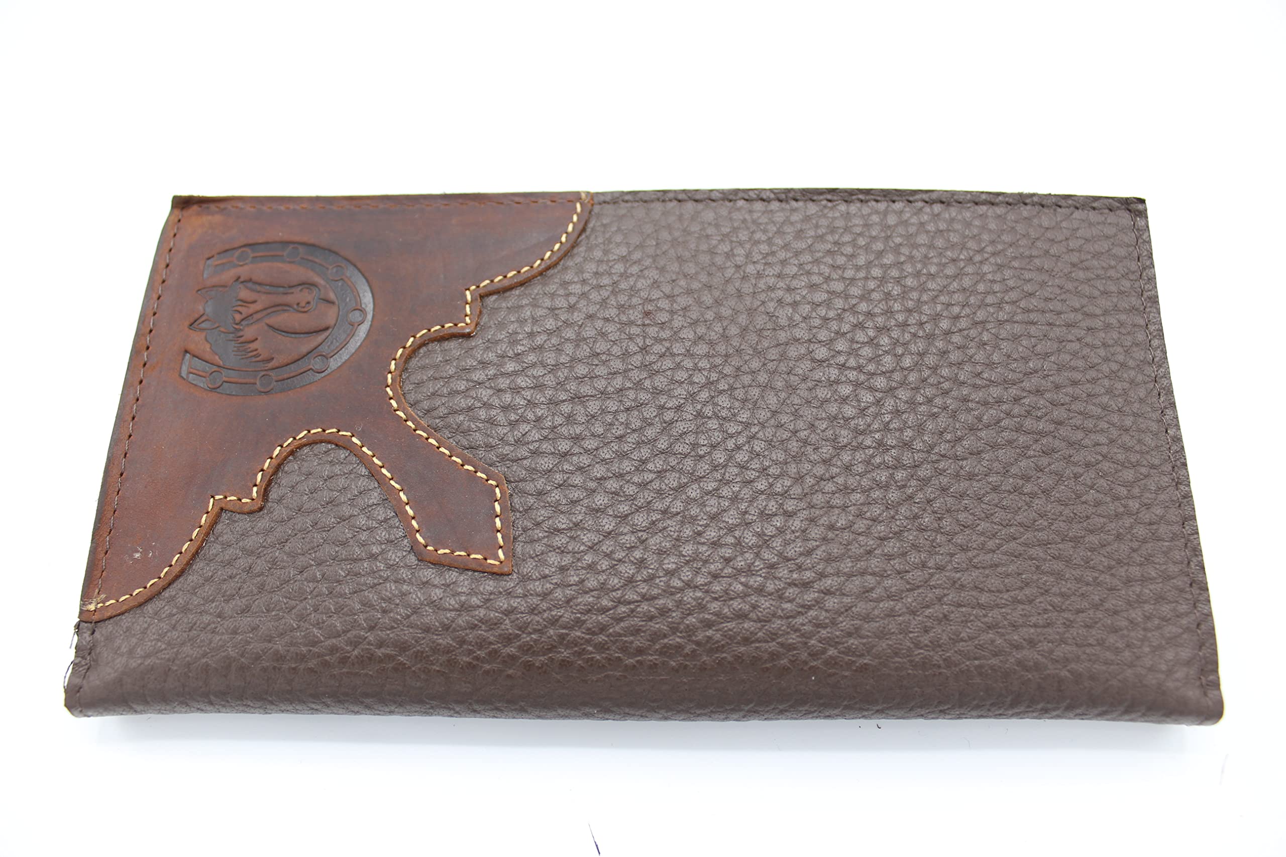 EastMeetsWest Western Dark Brown Hand Tooled Horse Head Horse Shoe Genuine Leather Bi-Fold Men's Rodeo Long Wallet