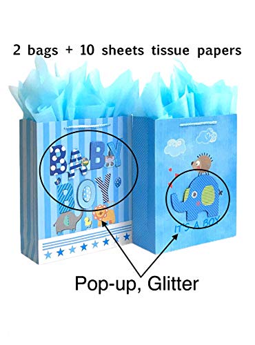 12.5" Medium Baby Gift Bags with Tissue Papers for Baby Showers 2-Pack (Blue)