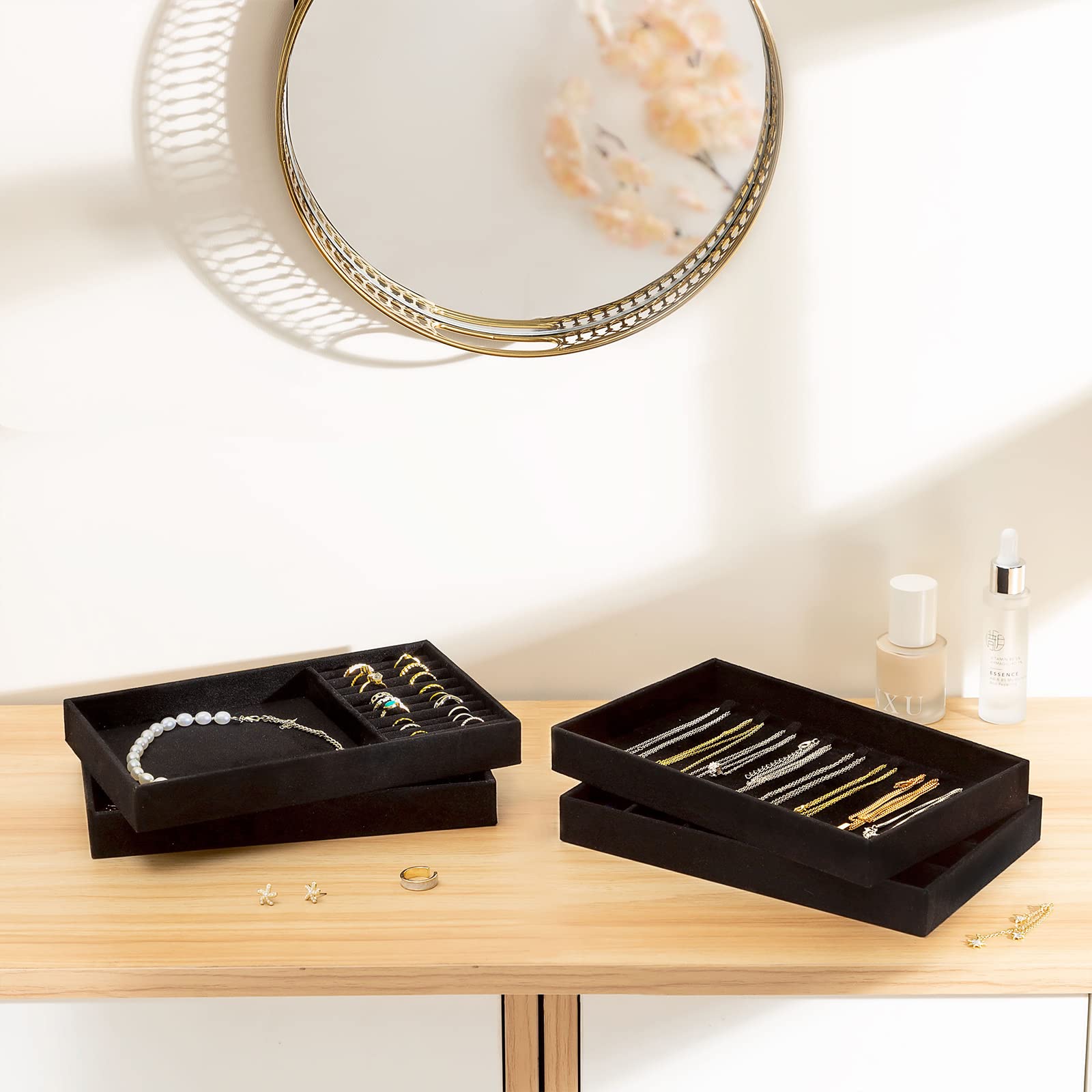 ProCase Stackable Jewelry Organizer Trays for Drawers, Jewelry Drawer Inserts Container Display Case Storage for Earring Necklace Rings Bracelet with Removable Dividers -Allblack, 4 Layers