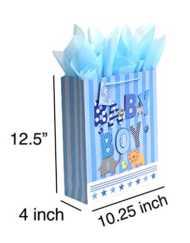 12.5" Medium Baby Gift Bags with Tissue Papers for Baby Showers 2-Pack (Blue)