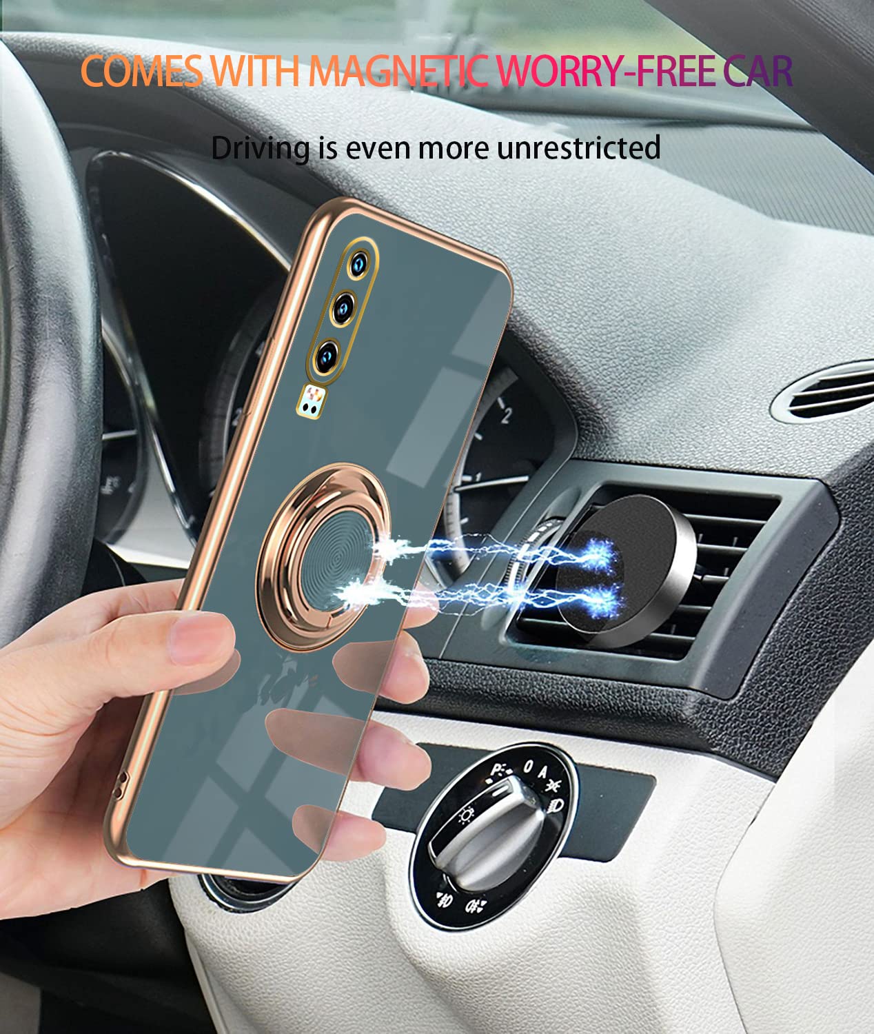 Wousunly Compatible with Huawei P30 Case Ring Holder Magnet Green, Huawei P30 Phone Case Silicone Shockproof Plate Luxury Slim Cover (Grey)