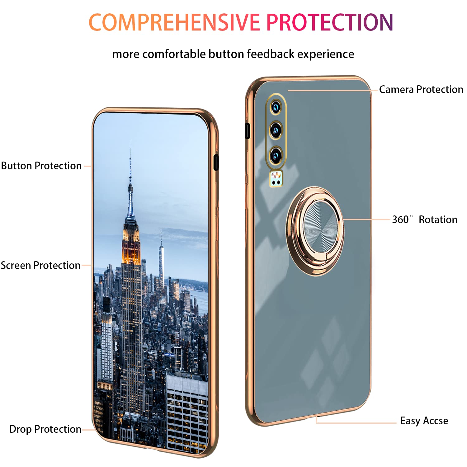Wousunly Compatible with Huawei P30 Case Ring Holder Magnet Green, Huawei P30 Phone Case Silicone Shockproof Plate Luxury Slim Cover (Grey)