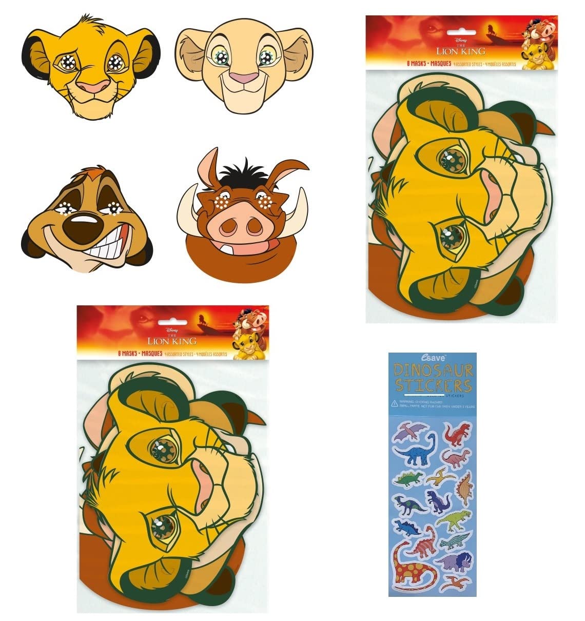 Unique Lion King Birthday Party Supplies Favor Bundle Pack includes Party Paper Masks - 16 Masks and 1 Dinosaur Sticker Sheet