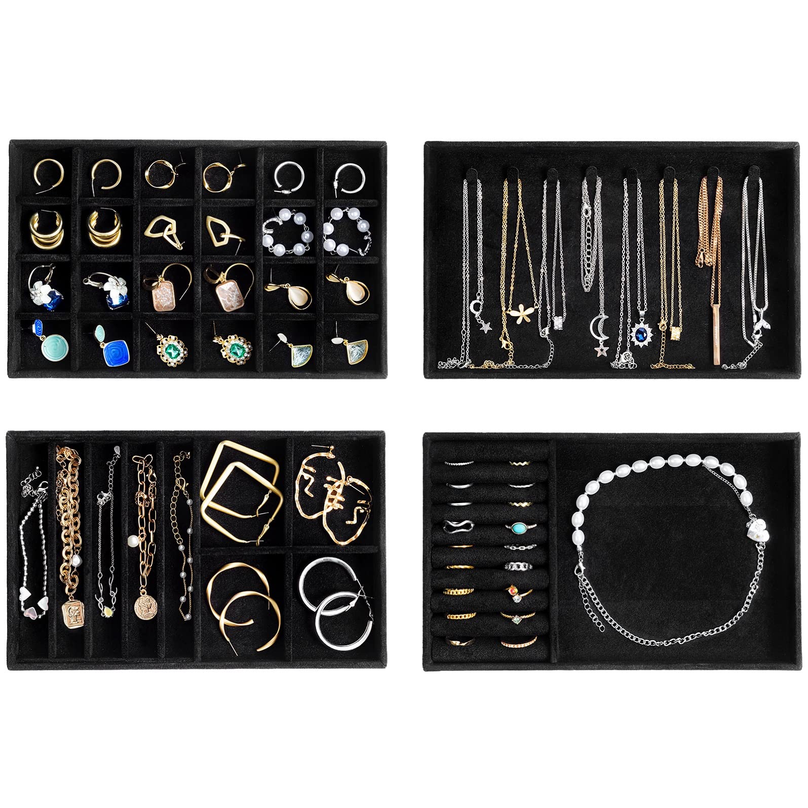 ProCase Stackable Jewelry Organizer Trays for Drawers, Jewelry Drawer Inserts Container Display Case Storage for Earring Necklace Rings Bracelet with Removable Dividers -Allblack, 4 Layers
