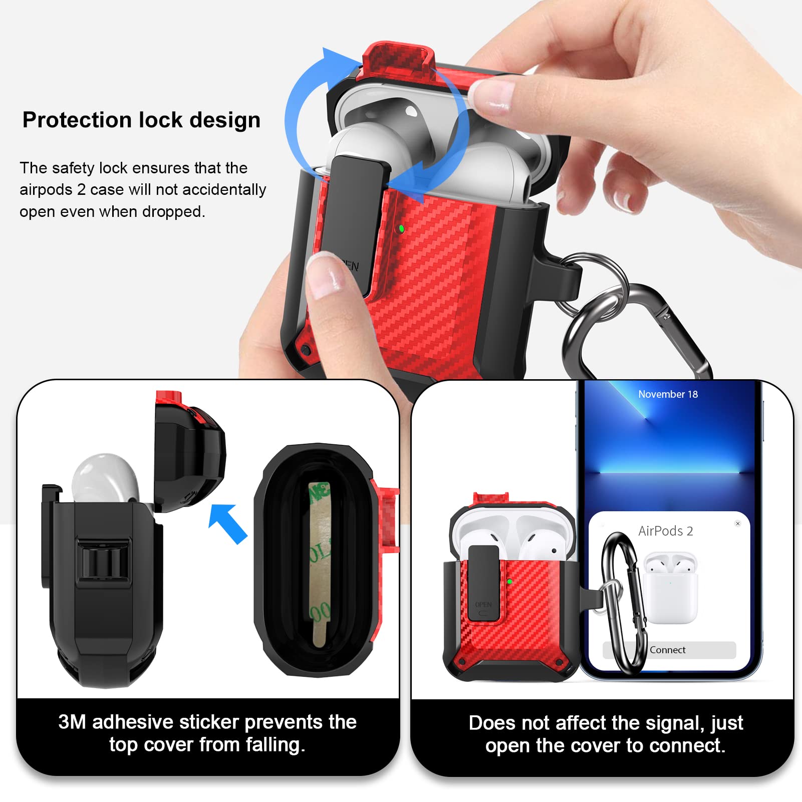 Lopnord Lock Compatible with Apple Airpods Case 2nd Generation, Rugged Case Cover for AirPods 1st with Keychain (Red)