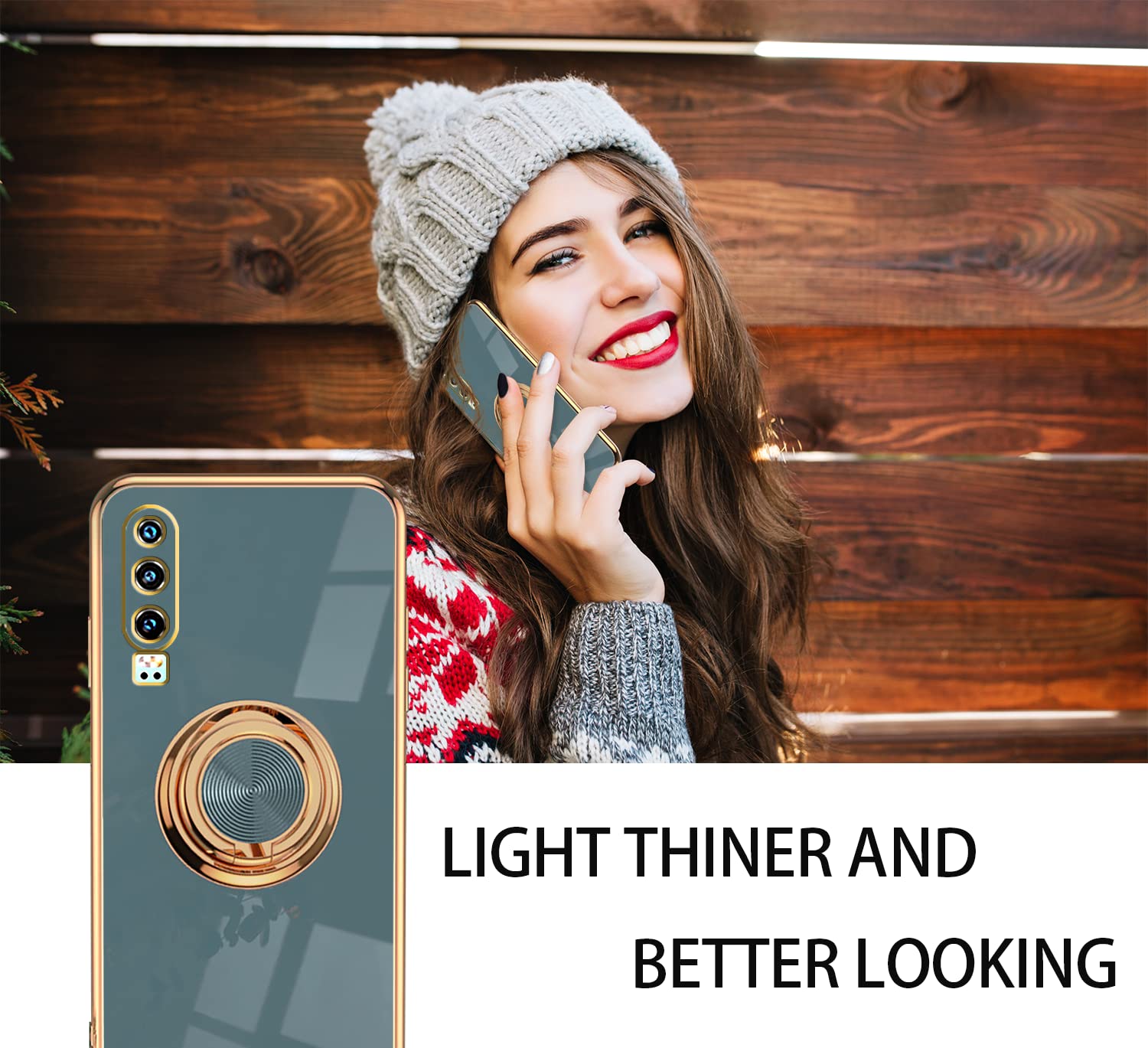 Wousunly Compatible with Huawei P30 Case Ring Holder Magnet Green, Huawei P30 Phone Case Silicone Shockproof Plate Luxury Slim Cover (Grey)