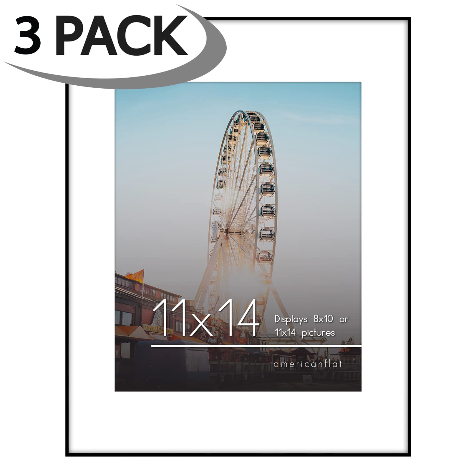 Americanflat Front Loading 11x14 Picture Frame with Shatter-Resistant Glass - Set of 3 - Use as 8x10 Frame with Mat - Metropolitan Collection - Photo Frame for Wall Display - Black