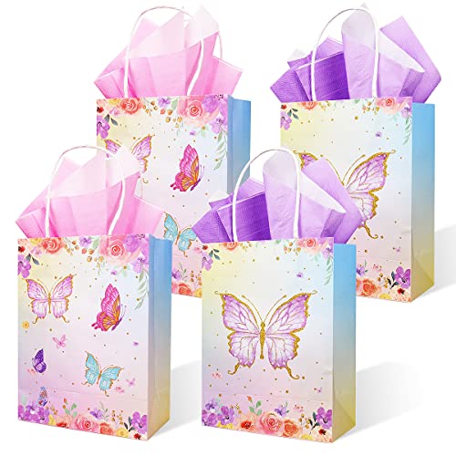 16 PCS Butterfly Party Gift Bag Favors Bags with Tissue Paper Goodie Paper Bags Pink and Purple Flowers Candy Paper Bags with Handles for Kids Girl Birthday Party Decor Baby Shower(8.2" x 5.9" x 3.1")