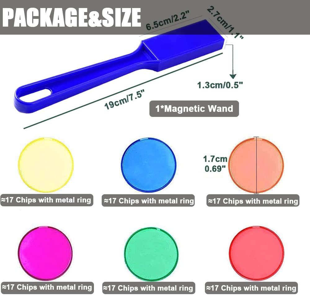 TCOINERY Bingo Chips Set-Magnetic Wand & 100 Counting Chips-6 Colors Transparent Plastic Markers for Family School Learning Game Zoom Bingo and Pokeno Nights
