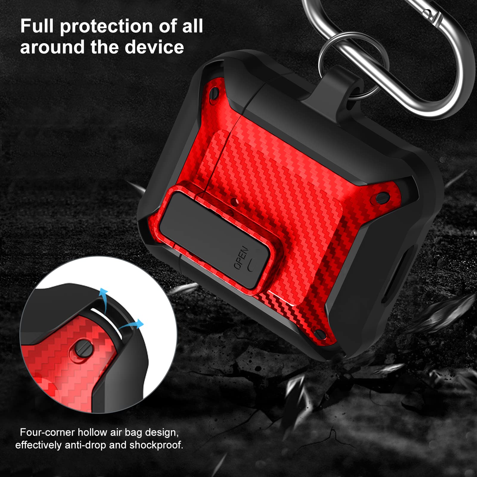 Lopnord Lock Compatible with Apple Airpods Case 2nd Generation, Rugged Case Cover for AirPods 1st with Keychain (Red)