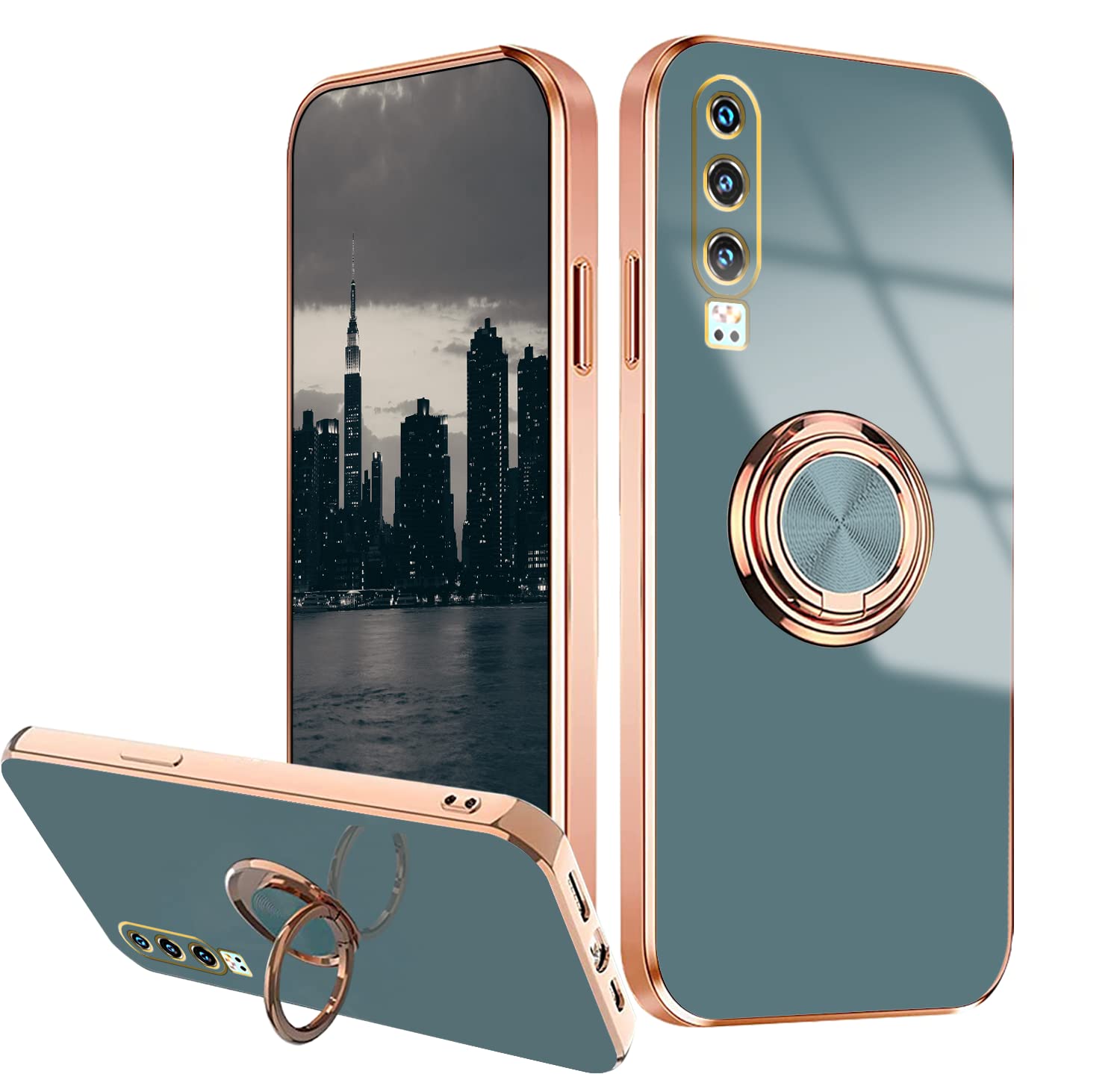 Wousunly Compatible with Huawei P30 Case Ring Holder Magnet Green, Huawei P30 Phone Case Silicone Shockproof Plate Luxury Slim Cover (Grey)