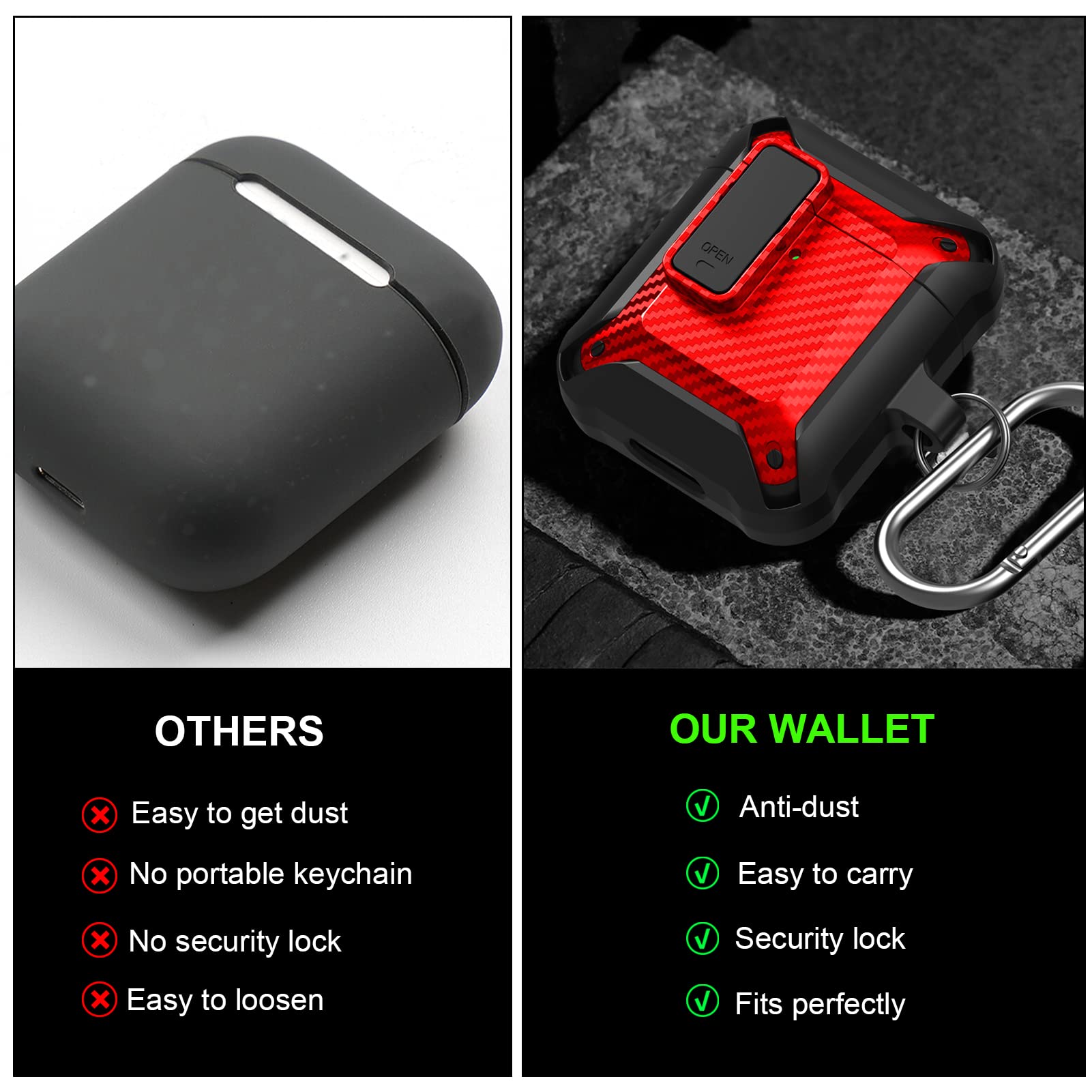Lopnord Lock Compatible with Apple Airpods Case 2nd Generation, Rugged Case Cover for AirPods 1st with Keychain (Red)