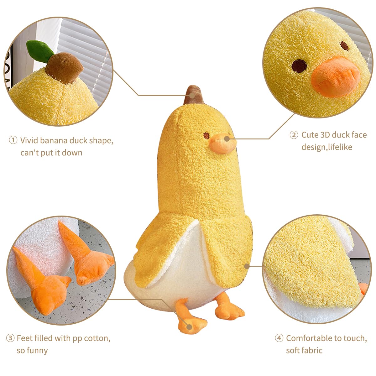 FIONOUT Banana Duck Plush, Cute Stuffed Animal, Funny Pillow Toy for Girls & Boys, White, 50CM/19.6 in