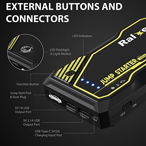 RALXER Battery Jumper Starter Portable,1000A Battery Booster Pack for Up to 7.0 Gas or 5.5L Diesel Engine,12V Portable Jump Box with LED Light,USB C Charge Cable