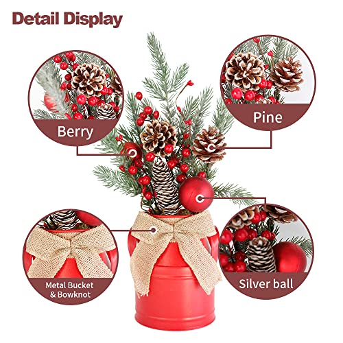 Qingbei Rina Artificial Christmas Centerpiece Decoration,Mini Red Christmas Tree Potted Plants,Holiday Table Fake Greenery with Christmas Ball, Pine, Berry for Home,Office, Window, Fireplace