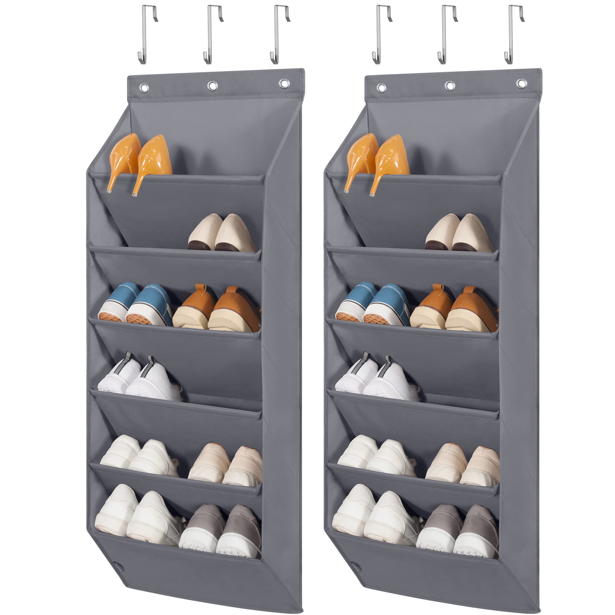 STORAGE MANIAC 2 Pack Over Door Shoe Organizers 6-Tier Large Pockets Hanging Shoe Organizer Shoe Rack Door Closet Shoe Organizer Wall, Dorm & Narrow Door Storage Shoe Holder Over Door Organizer Grey