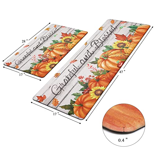 Pauwer Fall Pumpkin Kitchen Rugs Set of 2, Farmhouse Kitchen Floor Mat, Non Slip Anti Fatigue Kitchen Mats for Floor, Waterproof Cushioned Kitchen Runner Rug Set Fall Harvest Thanksgiving Decor