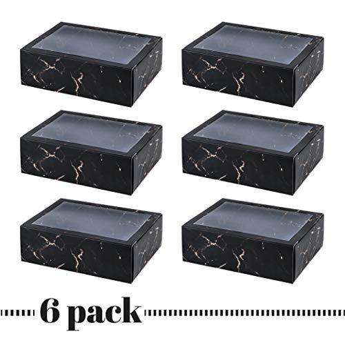 Hammont Clear Window Gift Boxes - 6 Pack - Rectangle Shaped Bakery Boxes with Clear PVC Sleeve | Treat Boxes Perfect for Cakes, Pastries, Cookies, Cupcakes, and Party Favors (Black, 7.5β x 5β x 2.5β)
