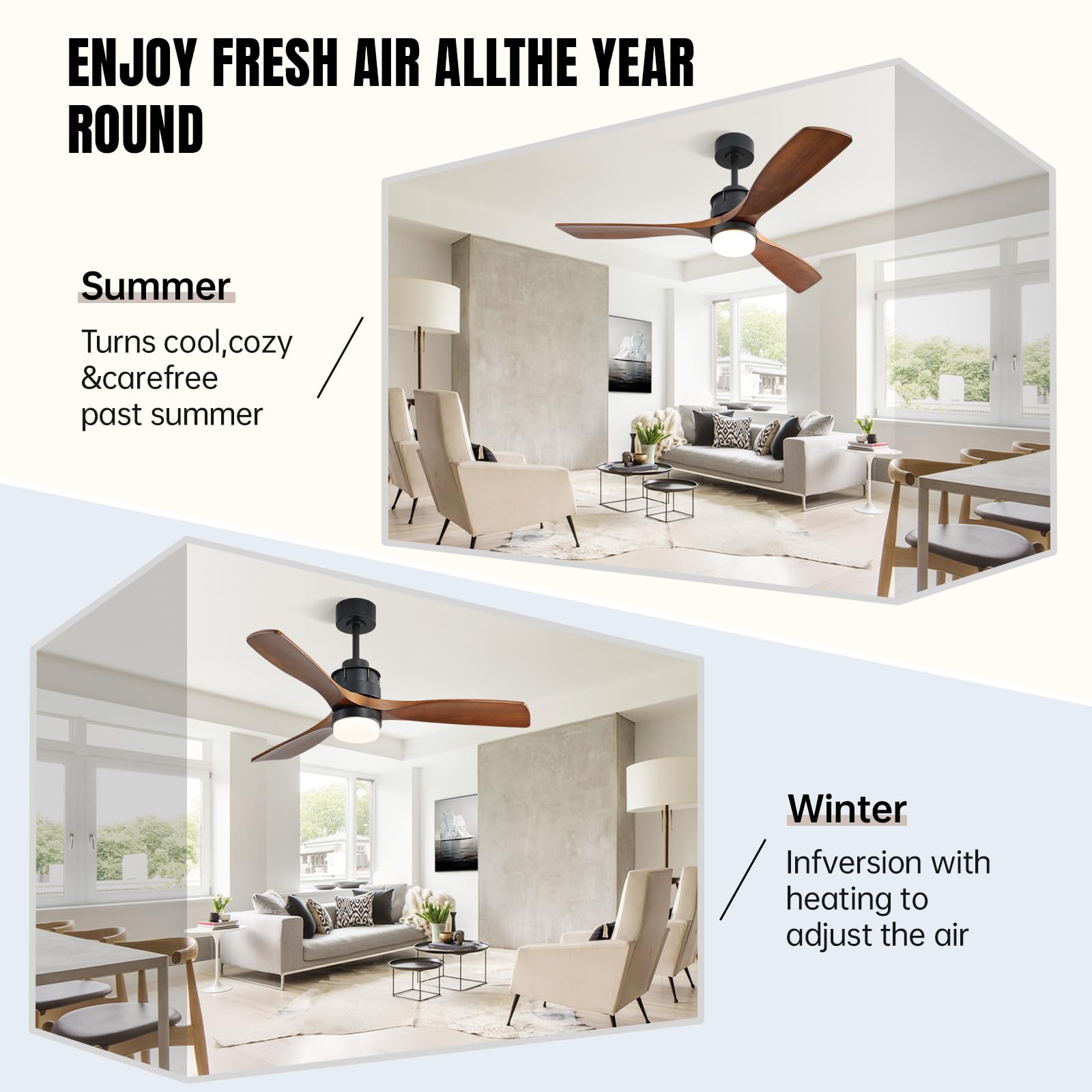 60 inch Wood Ceiling Fan with Light, Outdoor Ceiling Fans for Covered Patios, Walnut Ceiling Fan, Remote Control, Large Ceiling Fan for Porch/Garage/Farmhouse