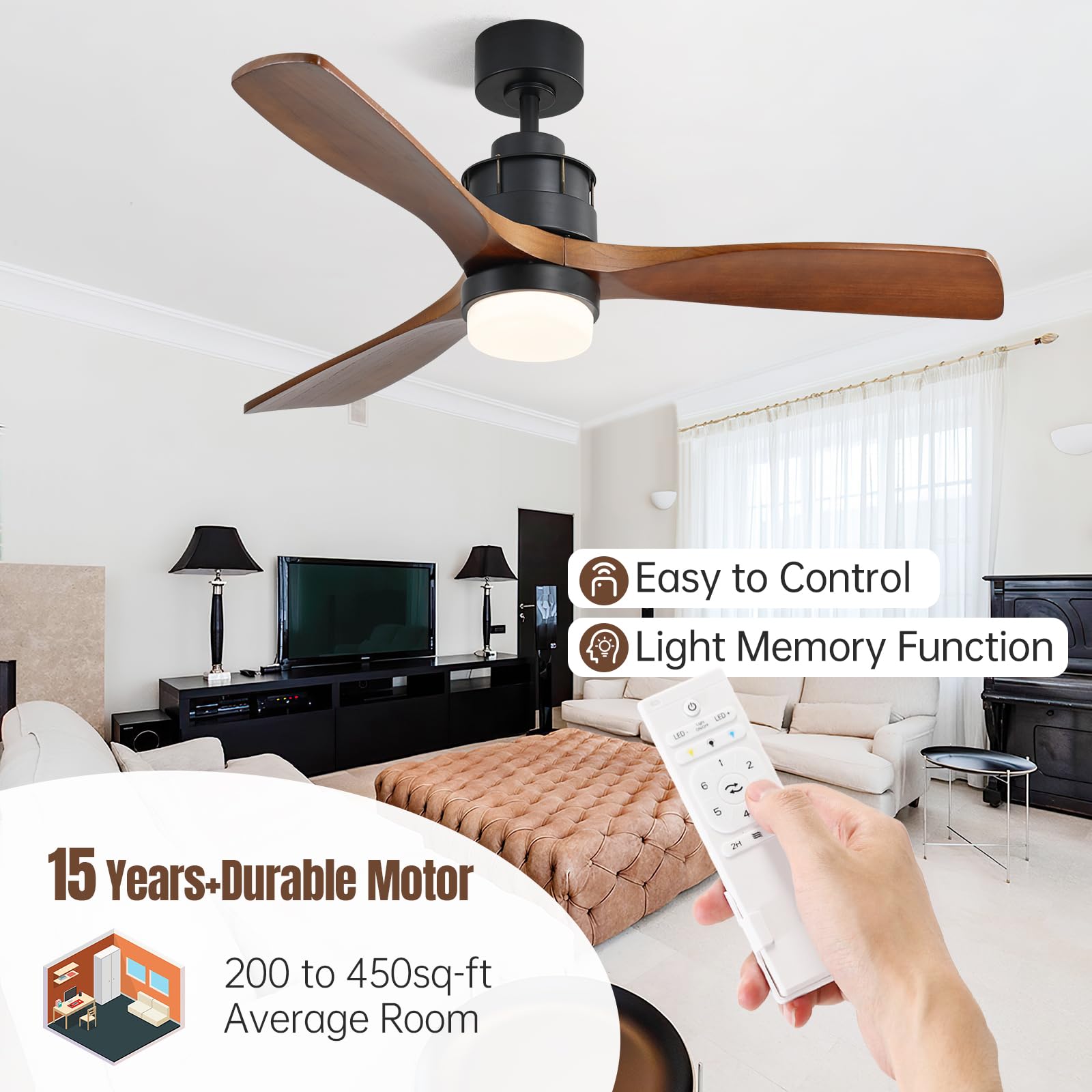 60 inch Wood Ceiling Fan with Light, Outdoor Ceiling Fans for Covered Patios, Walnut Ceiling Fan, Remote Control, Large Ceiling Fan for Porch/Garage/Farmhouse