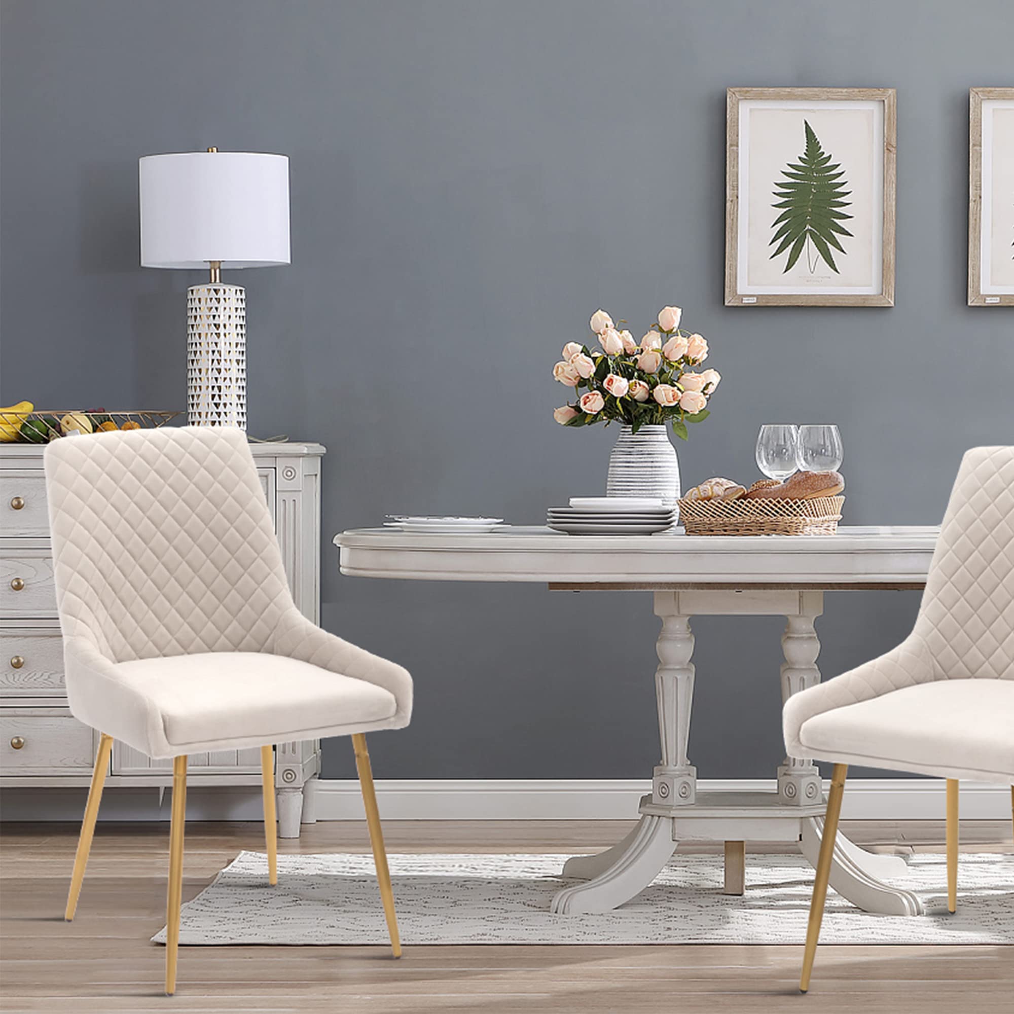 CangLong Mid-Century Velvet Upholstered Metal Legs for Kitchen, Dining, Living, Guest, Bed Room Side Chair, Set of 2, Beige
