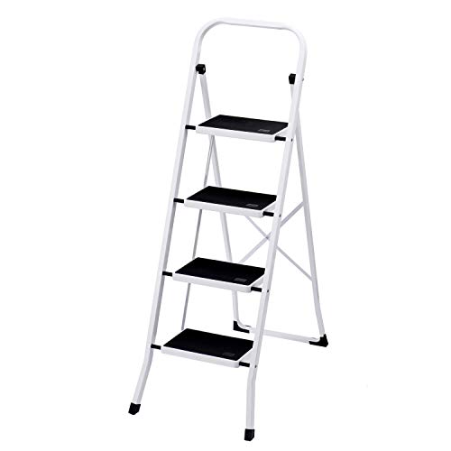 4 Step Ladder Step Stool, Sturdy Step Stools for Adults with Wide Anti-Slip Pedal, Portable Folding Step Stool with Handle, Lightweight Steel Step Ladder, 330lbs Capacity Kitchen Step Stool, White