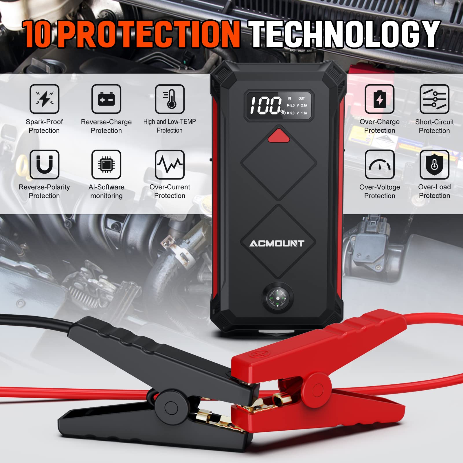 Acmount P100 Car Jump Starter, 3000A Peak Lithium Jump Starter Battery Pack for Up to 10.0L Gas or 8.0L Diesel Engine, Safe 12V Portable Battery Starter Power Pack with LED Screen & LED Light