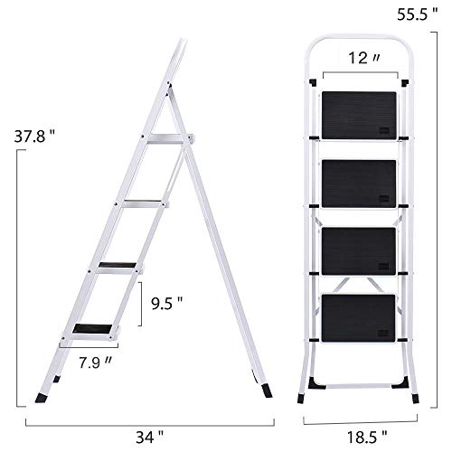 4 Step Ladder Step Stool, Sturdy Step Stools for Adults with Wide Anti-Slip Pedal, Portable Folding Step Stool with Handle, Lightweight Steel Step Ladder, 330lbs Capacity Kitchen Step Stool, White