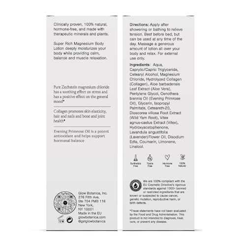Glow Botanica - Magnesium Lotion with Collagen - Magnesium Cream - Bedtime Routine Sleep Lotion - The Highest Concentration of Genuine Zechstein Magnesium Chloride - 5.3Oz