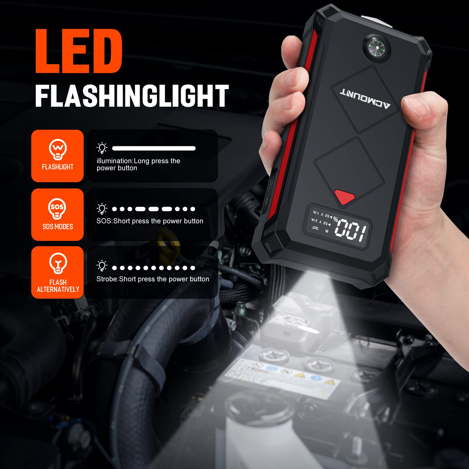 Acmount P100 Car Jump Starter, 3000A Peak Lithium Jump Starter Battery Pack for Up to 10.0L Gas or 8.0L Diesel Engine, Safe 12V Portable Battery Starter Power Pack with LED Screen & LED Light