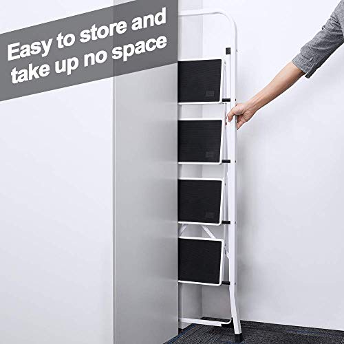 4 Step Ladder Step Stool, Sturdy Step Stools for Adults with Wide Anti-Slip Pedal, Portable Folding Step Stool with Handle, Lightweight Steel Step Ladder, 330lbs Capacity Kitchen Step Stool, White